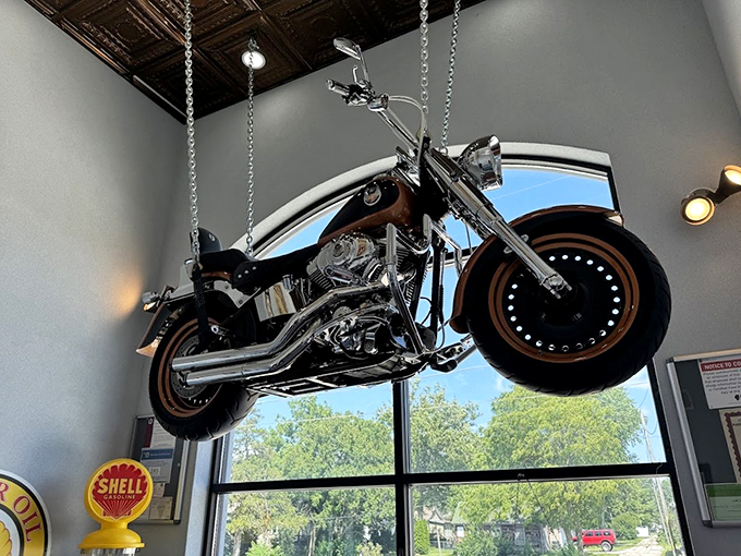 This suspended chrome beauty proves that in Route 66 country, even the ceiling tells a story.