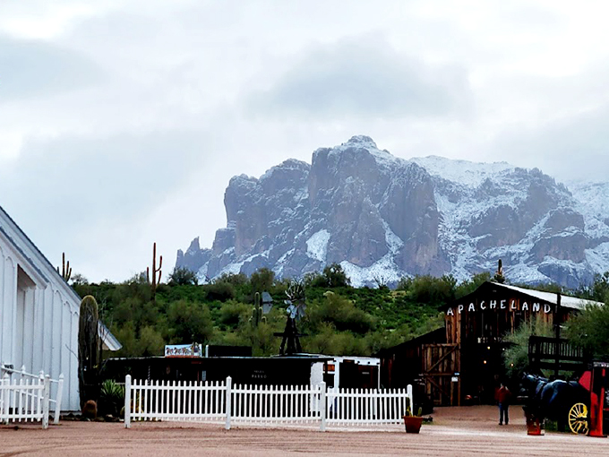 Snow-capped Superstition Mountains create a majestic backdrop, looking more like a painted movie set than real Arizona landscape.