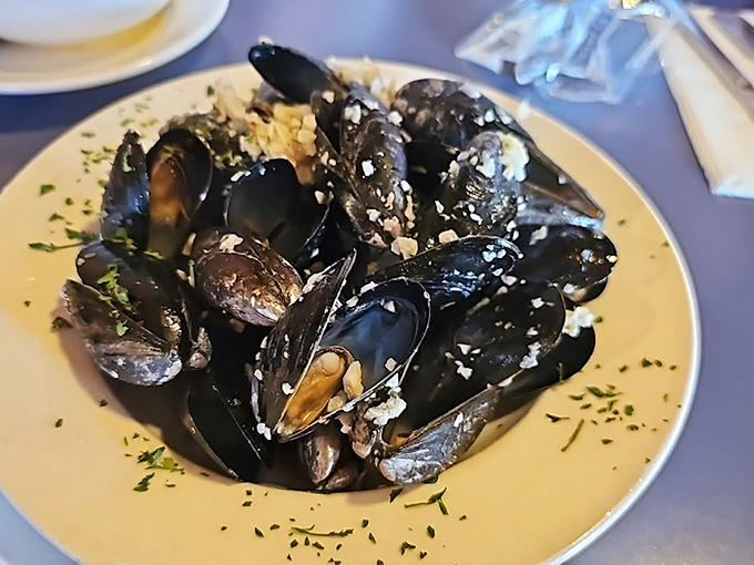 These plump mussels, swimming in garlic-white wine sauce, are ready for their close-up. Don't forget the bread for dipping! Photo credit: kc193