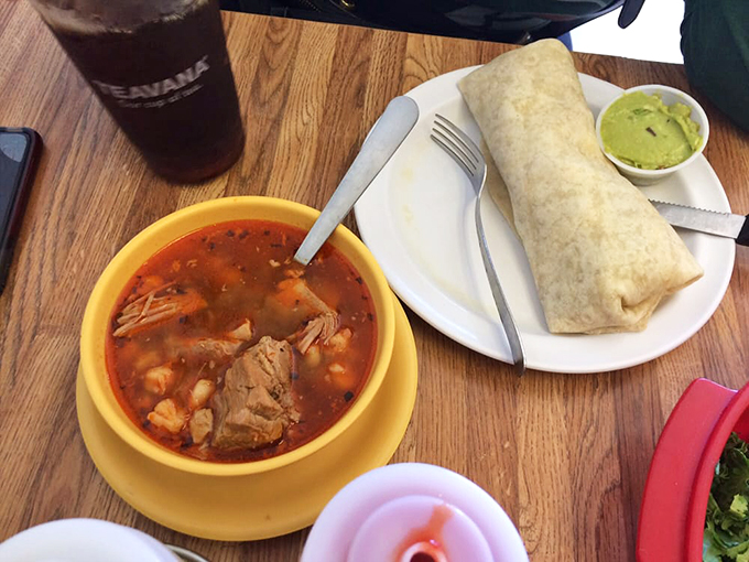 Pozole and Sausage and Egg Burrito] Soup and a burrito: the dynamic duo of comfort food. It's like a warm blanket for your soul, but edible.