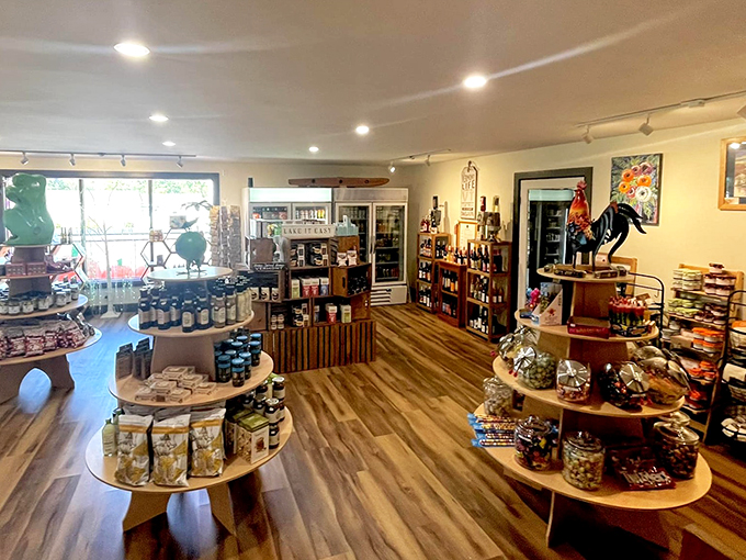 From maple syrup to local seasonings, this corner is a cook's dream, showcasing Vermont's finest flavors in beautiful wooden displays.