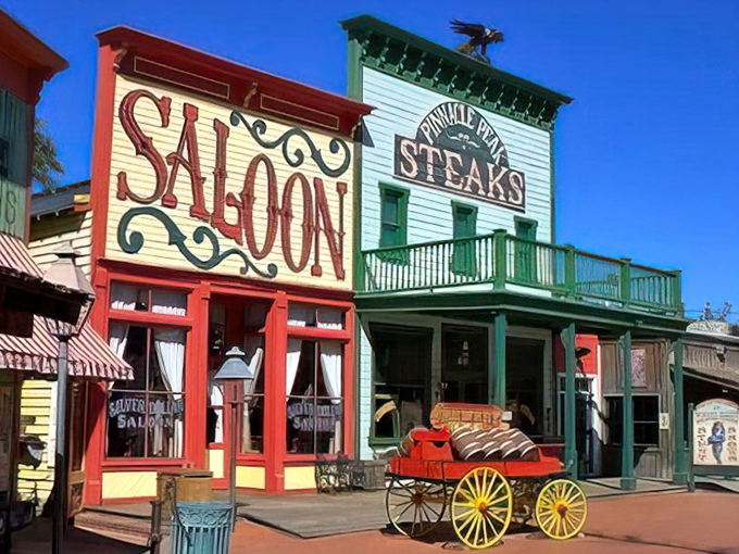 The saloon and steakhouse stand ready to welcome hungry travelers, their Western facades glowing in the desert sun.