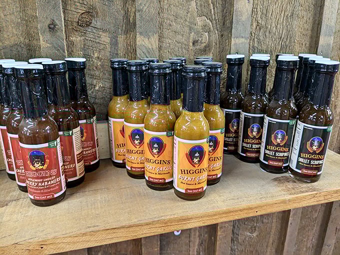 Higgins sauces line up like soldiers ready for duty, bringing bold flavors to any meal brave enough to try them.