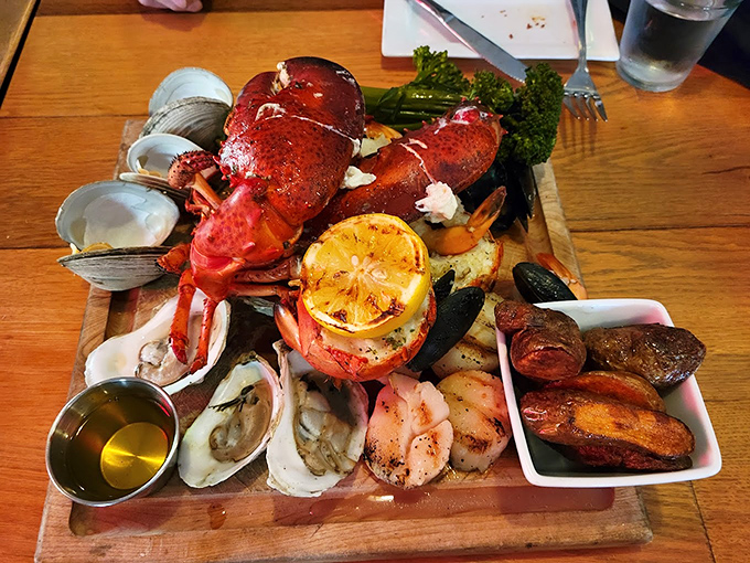 A seafood feast fit for Neptune himself, featuring Maine lobster, fresh oysters, and all the coastal trimmings.