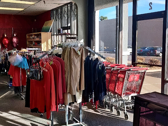 Bright red carts line up like eager assistants, ready to help shoppers cart away their newfound treasures.