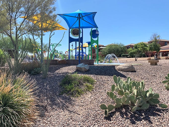 Modern play structures emerge from desert gardens, creating an oasis of fun for the park's youngest visitors.