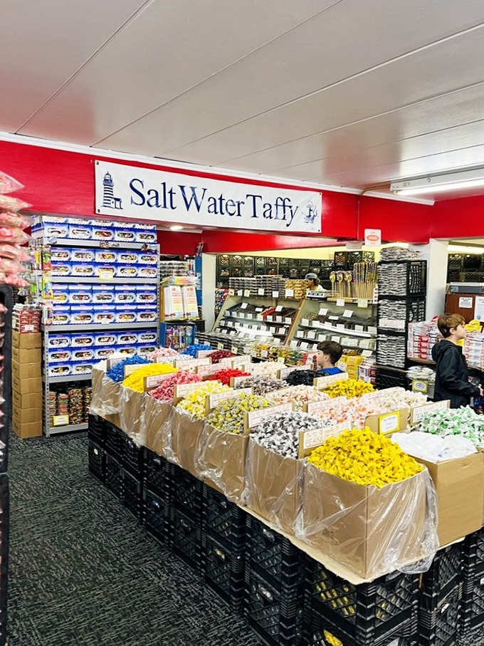 Salt water taffy in every color of the rainbow, bringing a taste of boardwalk nostalgia to Maine's coast.