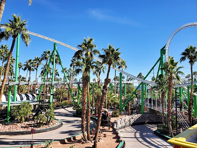 Who needs a beach when you've got this? Lush palms frame a log flume ride, offering a splash of excitement in the desert heat.