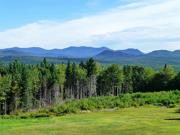 Rolling mountains paint the horizon in shades of green, creating Maine's version of a mountain symphony.
