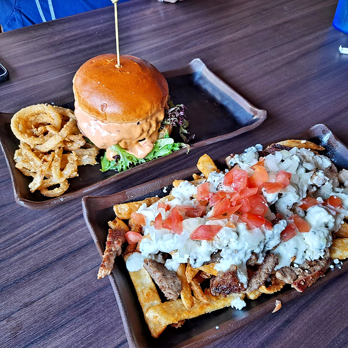 A burger that's dressed to impress! This black and blue beauty is like the James Bond of the burger world - sophisticated and irresistible.