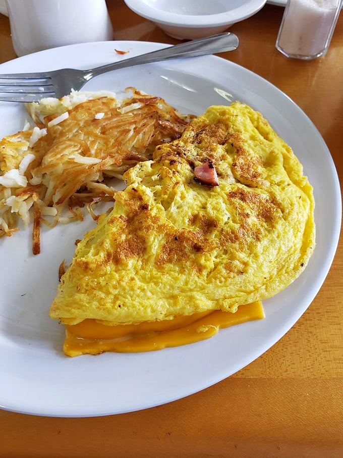 The dynamic duo of breakfast: a cheese-oozing omelet and crispy hash browns. It's the superhero team-up your taste buds deserve!