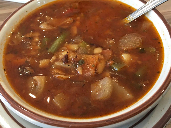 A hearty bowl of vegetable soup that's less about counting calories and more about counting your blessings. Pure comfort by the spoonful.