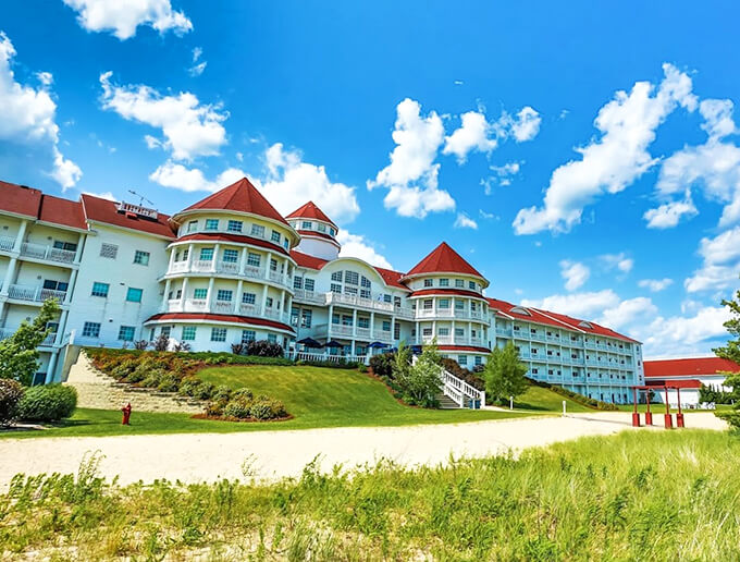 Victorian-inspired architecture meets lakefront luxury at this stunning white resort perched above Lake Michigan.
