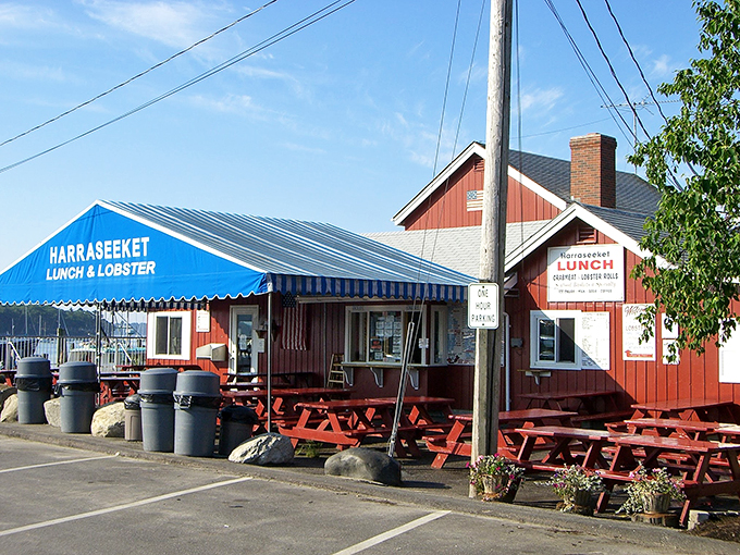 Harraseeket Lunch and Lobster Company: Where red buildings and blue awnings create a patriotic palette for your seafood feast.