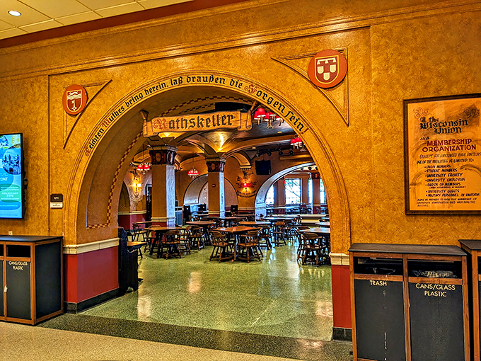 The Rathskeller: Where Bavarian charm meets Badger spirit. It's like studying abroad in Germany, but with better football and familiar faces.