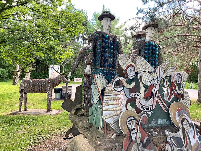 Glittering giants and concrete critters. It's like a history book had a wild night out with an art supply store.