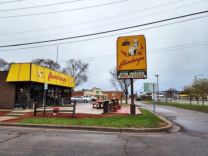 At Flameburger, the yellow exterior is as bright as their future in burger-flipping. Prepare for patty perfection!