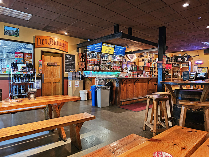 Lift Bridge's cozy interior. Belly up to the bar for a taste of history &ndash; it's like time travel, but with better beverages.