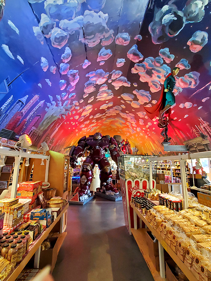 Iron Man stands guard over a treasure trove of treats. Tony Stark would approve of this high-tech approach to confectionery.