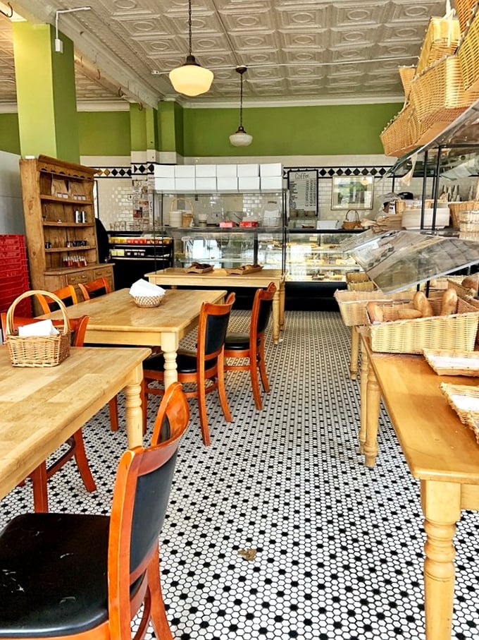 Green walls and hexagon tiles? It's like the 70s and modern design had a delicious baby.