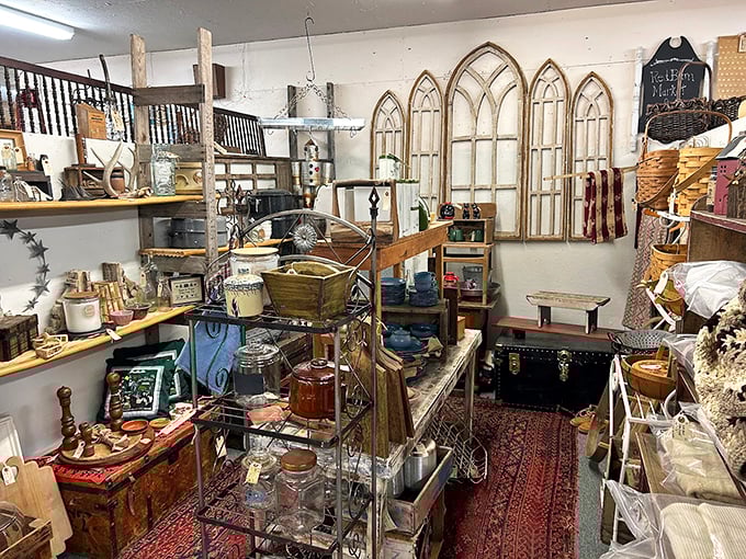 Those cathedral-style windows aren't fooling anyone - this is clearly a portal to vintage heaven. Just look at those treasures! Photo credit: Fairfield Antique Mall