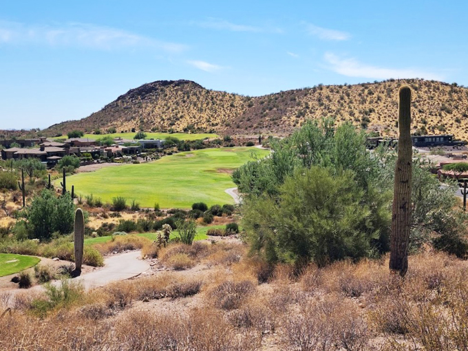 Clouds play their own game of golf in the sky, while earthbound players navigate the emerald fairways below.
