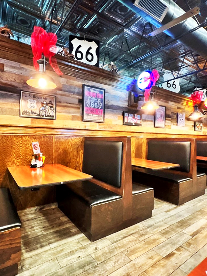 Classic diner booths where countless road stories have been shared over cups of bottomless coffee.