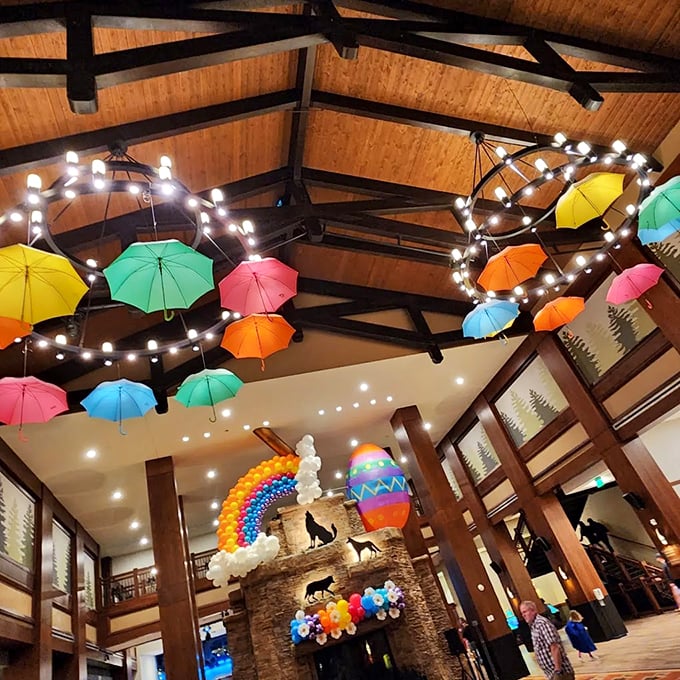 It's raining... umbrellas? This whimsical ceiling decor adds a splash of color to your indoor adventure. Photo credit: Luz Barrio
