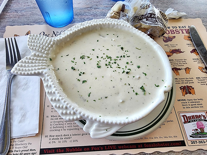 Served in a whimsical fish-shaped bowl, this creamy chowder proves that presentation matters almost as much as taste.