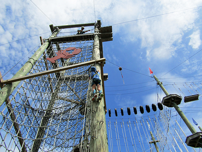 This climbing wall isn't just challenging gravity - it's challenging preconceptions about what makes a perfect Maine afternoon. Photo credit: Take Flight Aerial Adventure Park