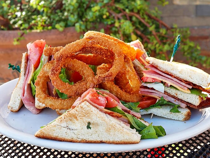 The club sandwich gets an encore with crispy onion rings that steal the show every single time. Photo credit: 5th Avenue Cafe