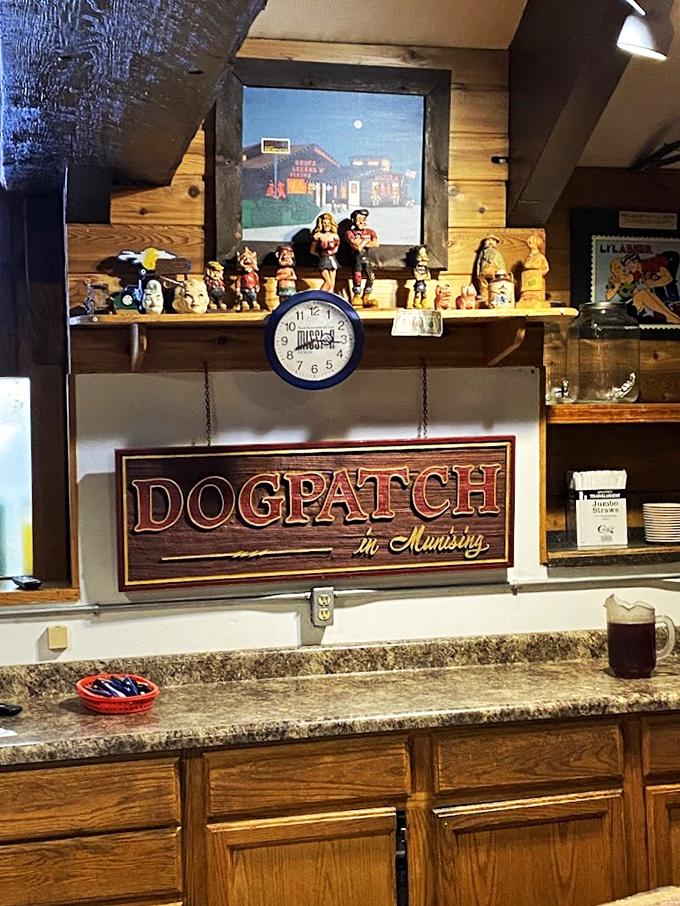Vintage collectibles and a handcrafted sign remind visitors they're in Munising's favorite comfort food destination since 1966.