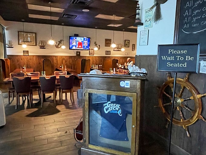 Ship's wheels and maritime charm welcome seafood lovers to their home away from home.