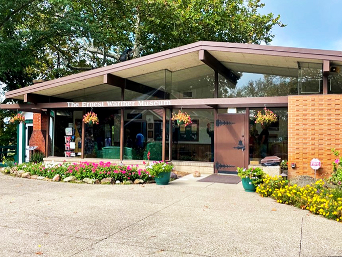 A blooming beautiful entrance! The Warther Museum's floral welcome mat is as colorful as the treasures inside.