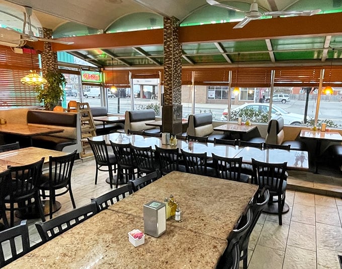 Warm lighting and comfortable booths create the perfect setting for enjoying a leisurely Middle Eastern feast.