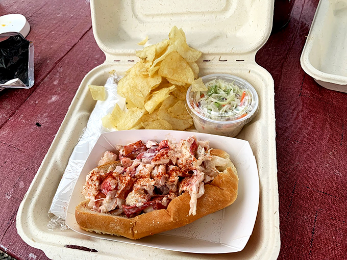 The classic coastal combo: a generous lobster roll with chips and slaw. Simple perfection on a paper plate. Photo credit: Michael Pesola