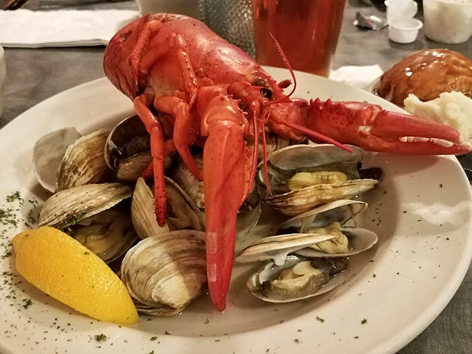 The ultimate Maine power couple: a bright red lobster presiding over a bed of steamed clams.
