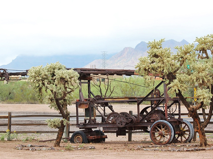Authentic mining equipment stands as a testament to the area's gold-seeking history, still dreaming of lost treasures.