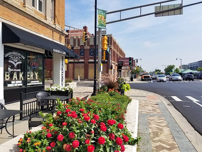 Red zinnias frame this urban oasis, where Des Plaines meets European caf&eacute; culture on a sunny afternoon.