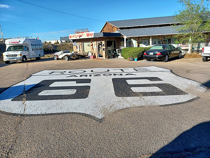 Park it right here, time travelers! El Trovatore's office doubles as a portal to the past, complete with the "World's Longest Route 66 Map". 