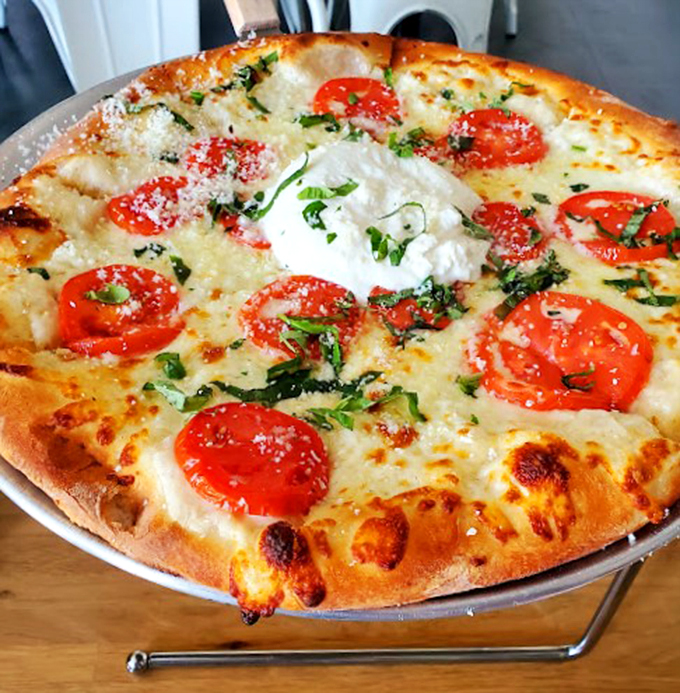 Fresh mozzarella melts into a sea of bright tomatoes, creating a classic Margherita that would make any Neapolitan proud.