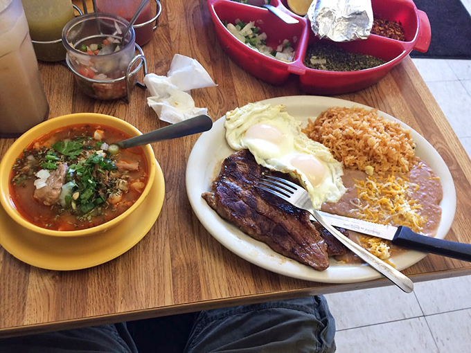 Pozole and Steak and Egg Breakfast] Steak for breakfast? Yes, please! This hearty meal is guaranteed to kick-start your day better than any alarm clock.