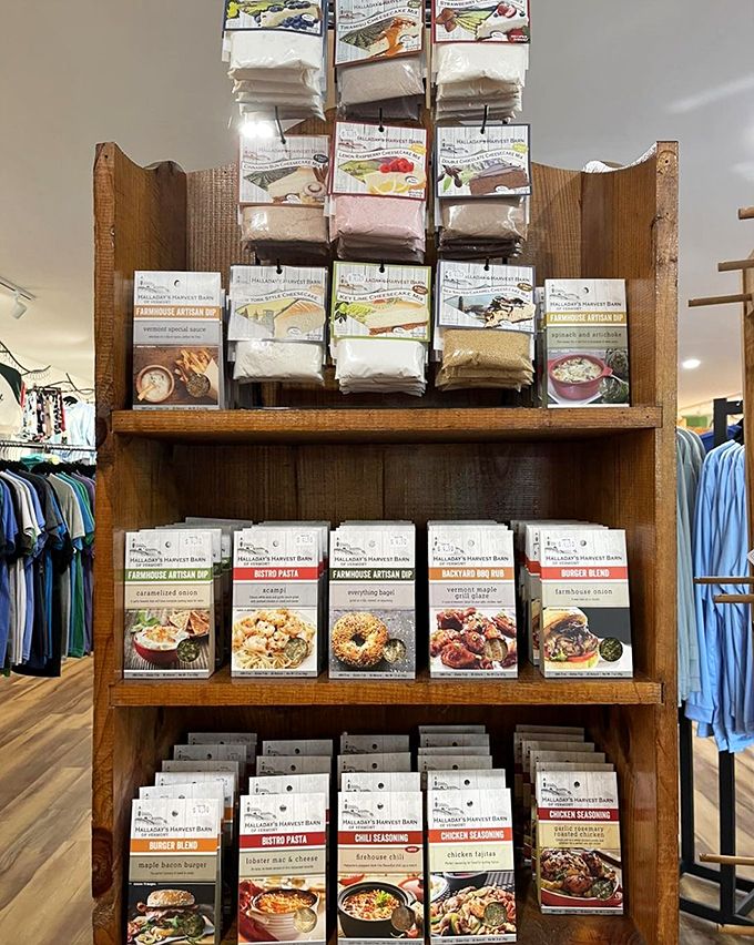 Halladay's seasoning blends promise to transform any meal into a Vermont-inspired feast, displayed like cookbooks waiting to share their secrets.