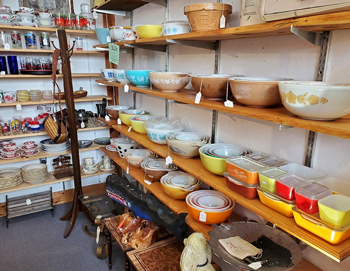 The holy grail for vintage kitchen collectors: shelves of pristine Pyrex in every pattern imaginable.