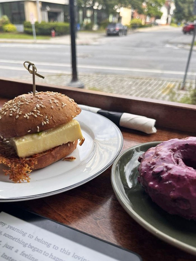 Window-side dining with a view: where comfort food meets Burlington's charming streetscape.