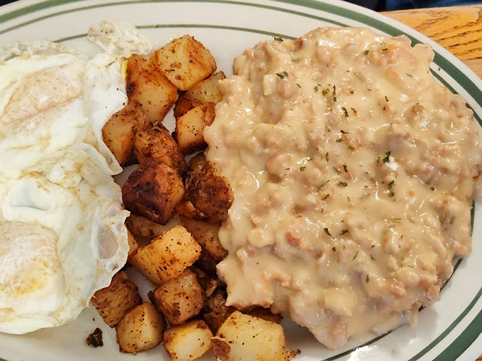 Southern comfort meets Vermont charm in this plate of pure, unadulterated breakfast bliss. It's like a warm, peppery hug for your taste buds.