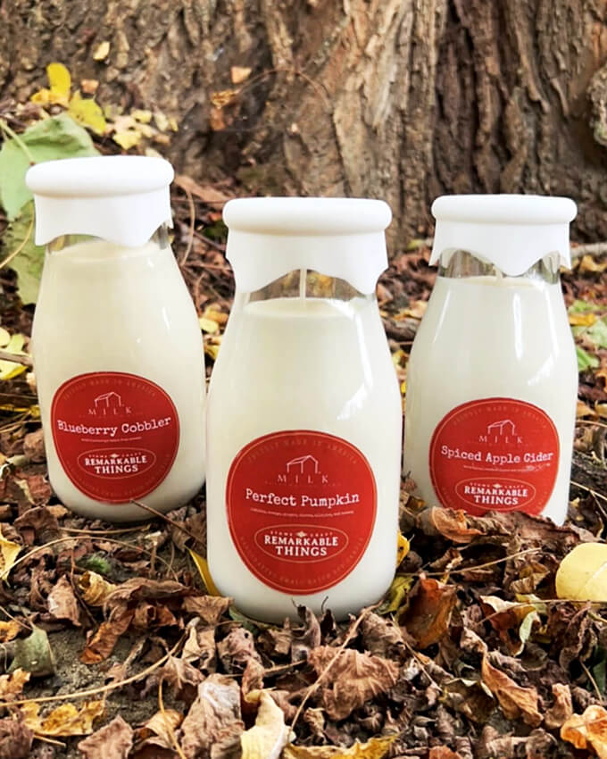Sip on these scents! These milk bottle candles are a feast for your nose, from "Blueberry Cobbler" to "Perfect Pumpkin" &ndash; calories not included!