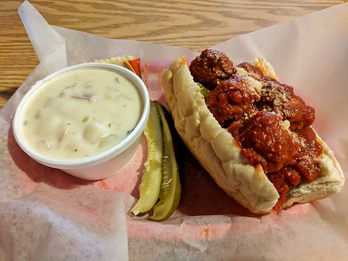 The dynamic duo of deli perfection: a sandwich that means business and chowder that feels like a warm hug.