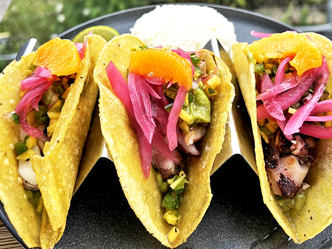 Who knew Maine could do tacos? These beauties are loaded with fresh seafood and topped with zingy pickled onions.
