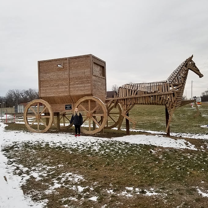 Winter wonderland meets wooden wonderwork. Snow-dusted and majestic, it's like a scene from "Frozen: Amish Edition."